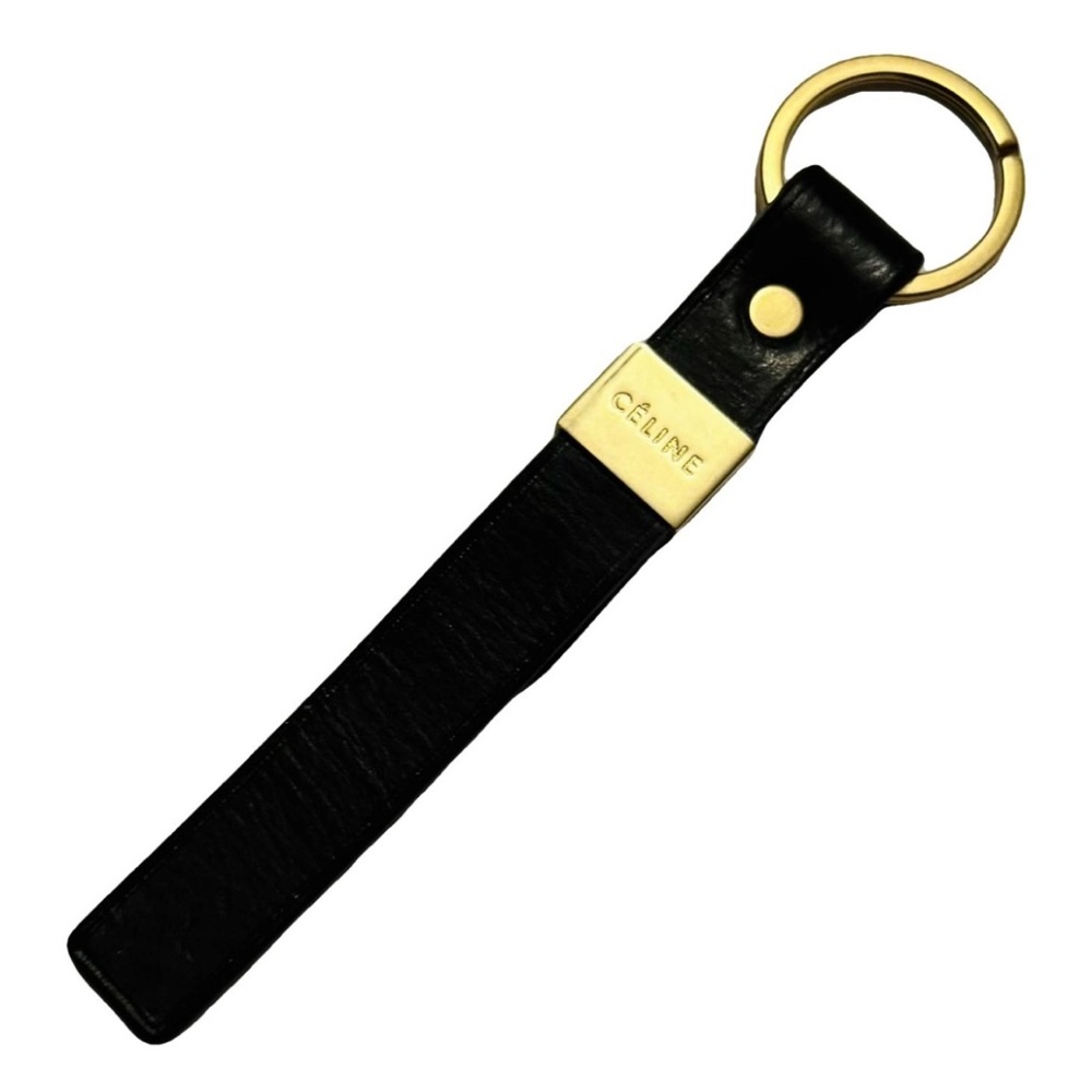 Celine Authentic Gold Logo Black Leather Keychain Key… - Gem